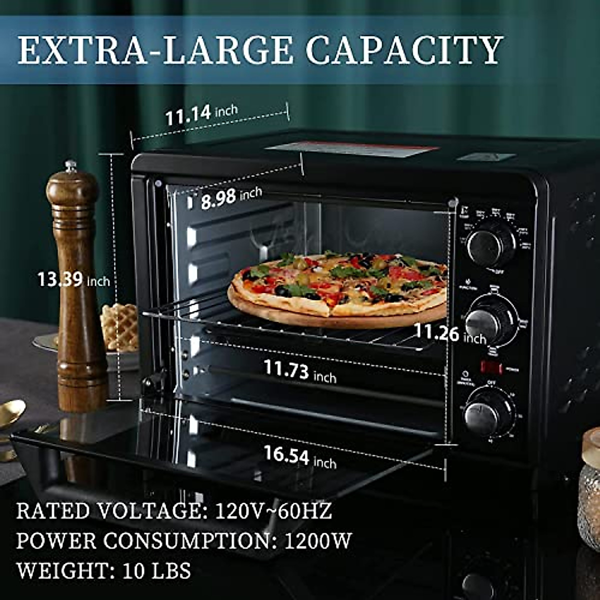 Healsmart Toaster Oven with 20Litres Capacity,Compact Size Countertop Toaster, Easy to Control with Timer-Bake-Broil-Toast Setting, 1200W, Stainless Steel,16x11in,Black,Extra Large