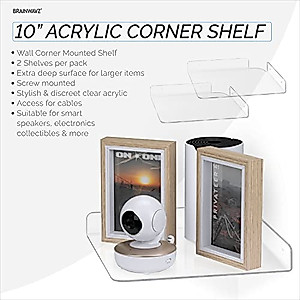 BRAINWAVZ 2-Pack 10” Corner Floating Shelf for Speakers, Books, Decor, Plants, Cameras, Photos, Kitchen, Bathroom, Routers & More Universal Small Holder Acrylic Wall Shelves (Clear)