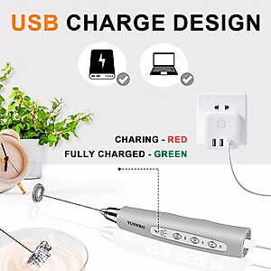 YUSWKO Rechargeable Milk Frother Handheld with 3 Heads, Silver Coffee Electric Whisk Drink Foam Mixer, Mini Hand Stirrer with 3 Speeds Adjustable for Latte, Cappuccino, Hot Chocolate, Egg