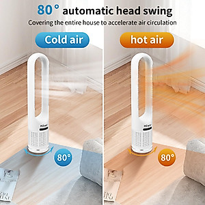 Hiluce Fan and Heater Combo,3-in-1 Bladeless Fan with Remote,Space Heater Fan,HEPA Filter,Tip-Over Switch,26ft/s Quiet Heater Fan,80°Oscillating, 8 Speeds, 9H Timer, 32 inch Large