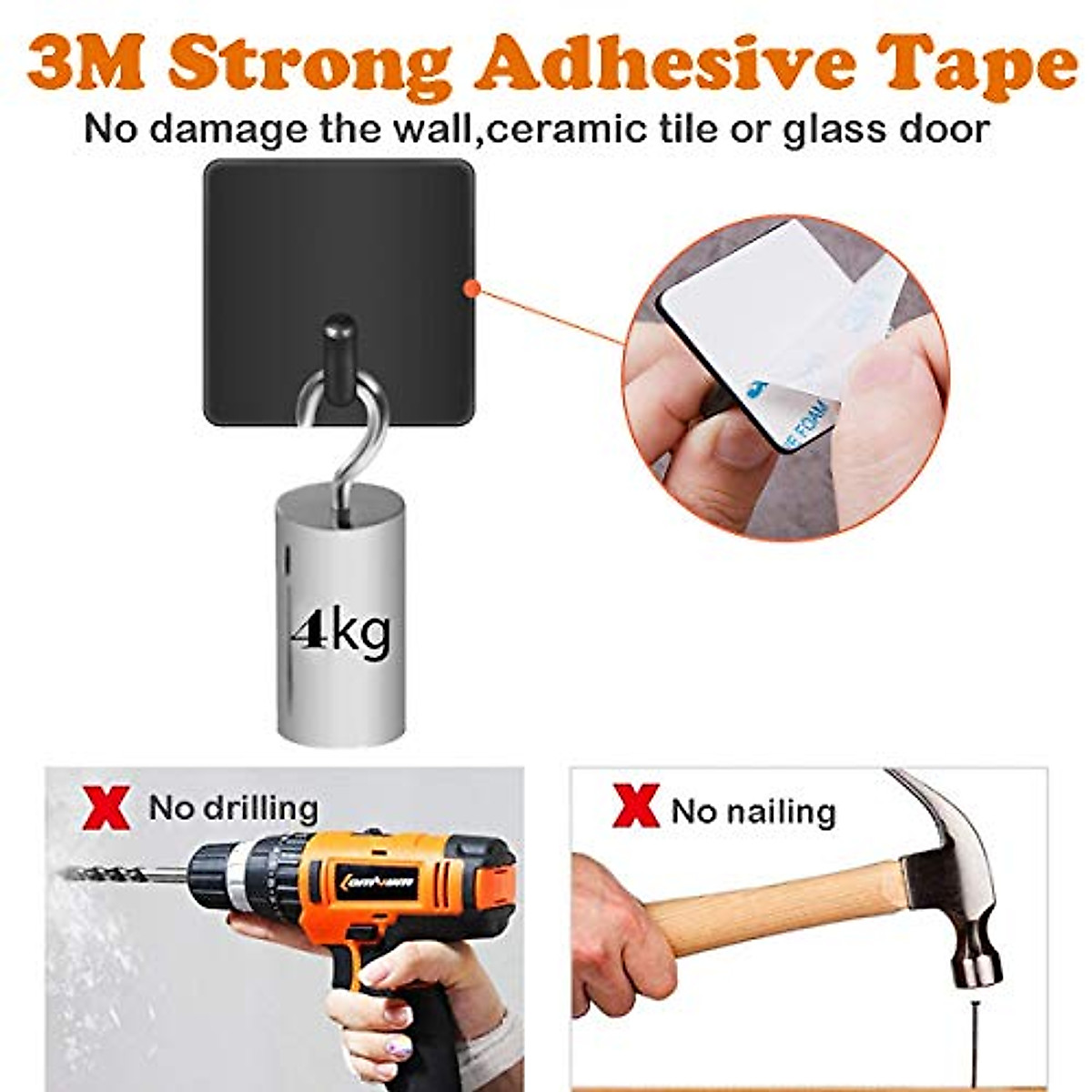 4 Pack Self Adhesive Hooks, Veriya Stainless Steel Adhesive Hook Heavy Duty Sticky Hanger Waterproof Rustproof Hanging Holder Stick on Wall, Door, Bathroom, Kitchen, Office (Black)