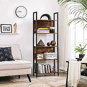 VASAGLE ALINRU Storage Shelf, Bookshelf with 5 Shelves, Steel Frame, for Living Room, Entryway, Office, Industrial Style, Rustic Brown and Black ULLS025B01, 24.4”L x 9.4”W x 65”H (62 x 24 x 165 cm)