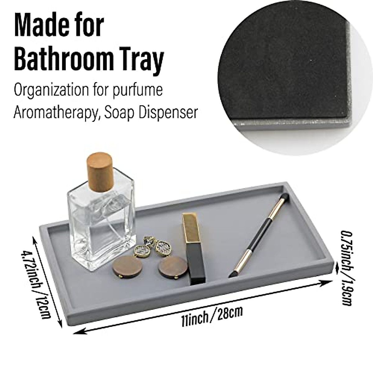 FREELOVE Concrete Decorative Tray, Makeup Organizer Perfume Soap Dispenser Organization for Dresser Vanity Bathroom Counter Coffee Table Desk Toilet Tank Home Decor, Grey, Rectangle 5.3''X11''