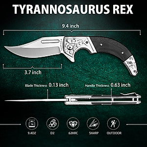 VALHALLA Pocket Knife, 3.7'' D2 Steel Folding Knife, Pocket Knife for Men with G10 Handle, Gifts for Men (TYRANNOSAURUS REX)