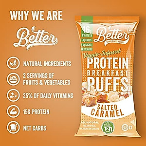 Better Than Good Sweet Keto, Gluten-Free Salted Caramel Protein Puffs (0.88 Ounce 4-Pack) - Paleo, Low Sugar, Low Calorie, Diabetic Friendly Snacks | 16g Protein & 2 Servings of Fruits & Veggies