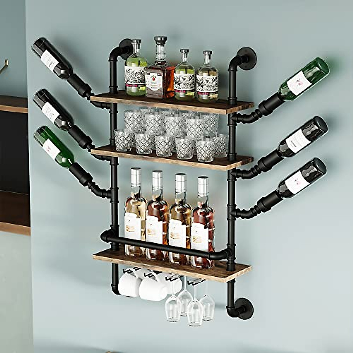 MAIKAILUN Wine Rack Wall Mounted with 4 Stem Glass Holder, Industrial Bar Shelves 34in Metal Hanging Stemware Mugs Rack, Floating Pipe Shelf, Living Room Kitchen Decor Display Wood Rack Black