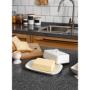 Sweese Large Butter Dish with Lid for Countertop, Porcelain 8oz Butter Keeper with Handle Cover Design, 7.7 Inch Butter Container Perfect for East/West Coast Butter, White