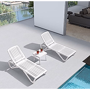 PURPLE LEAF Outdoor Pool Chaise Lounge Plastic Chair Set of 3 Patio Adjustable Lay Flat Recliners Tanning Lounger Chairs with Table for in-Pool Sunbathing Beach Lawn Poolside, White