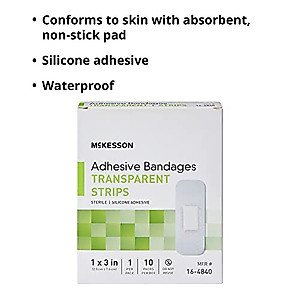 McKesson Adhesive Bandage Transparent Strip, Sterile, Silicone Adhesive, 1 in x 3 in, 10 Count, 1 Pack