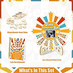 65 Pcs Here Comes The Son Baby Shower Decorations Guest Book, Here Comes The Son Baby Shower Guest Book with Photo Frame, 60 Wood Slices Baby Shower Guest Book Alternatives for Boys Kids Baby Shower