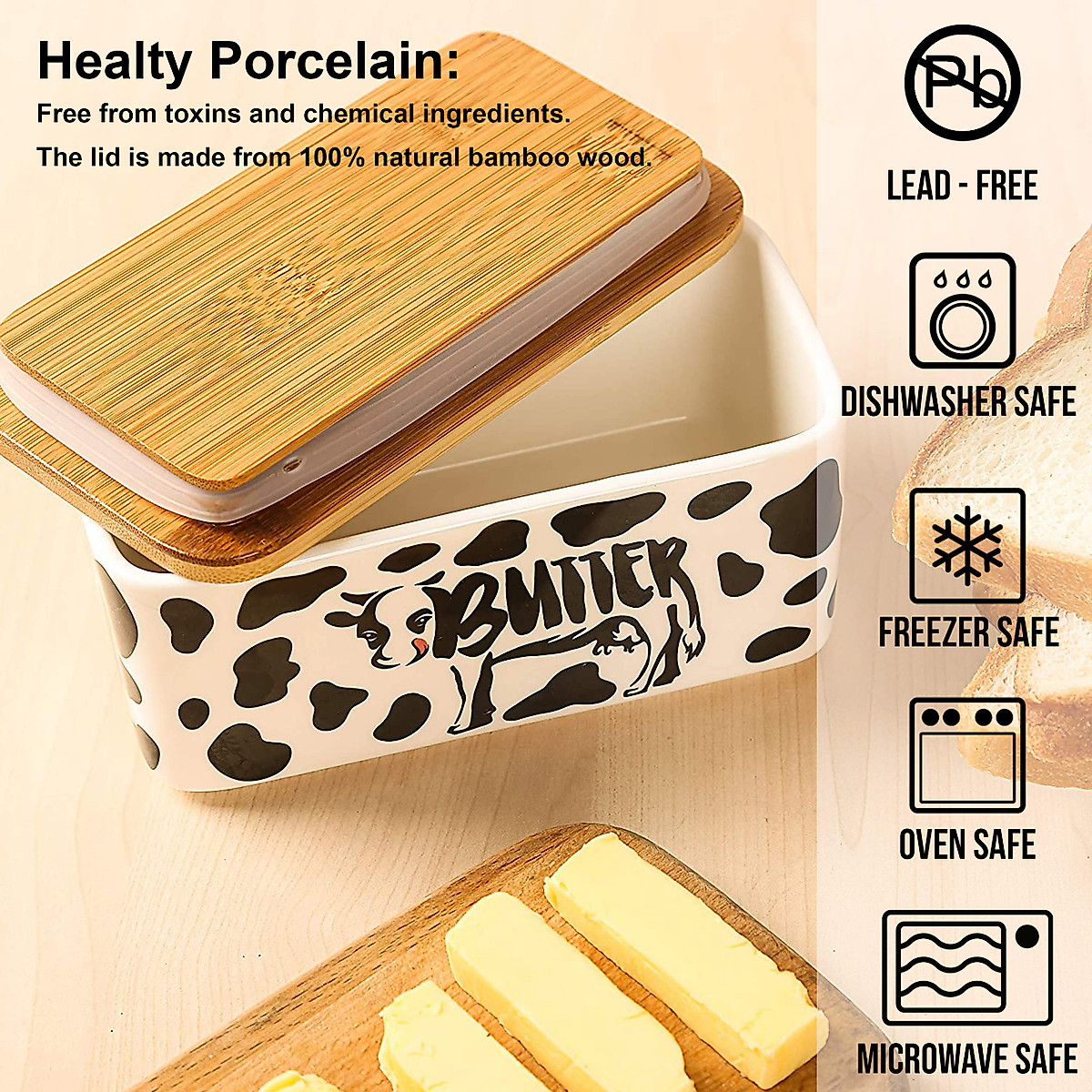 Lumicook Ceramic Butter Dish with Wooden Lid, Large Butter Container Keeper Storage with Stainless Steel Butter Knife Spreader, Bamboo Cover and Silicone Sealing Ring for Coast Butter (Black)