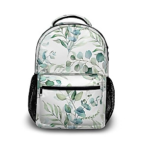Miaoquhe Sage Green Leaves Backpacks for School Student, Watercolor Eucalyptus Leaf Laptop Backpacks for Kids Boys Girls, Floral Bookbags for Outdoors Travel Hiking Camping