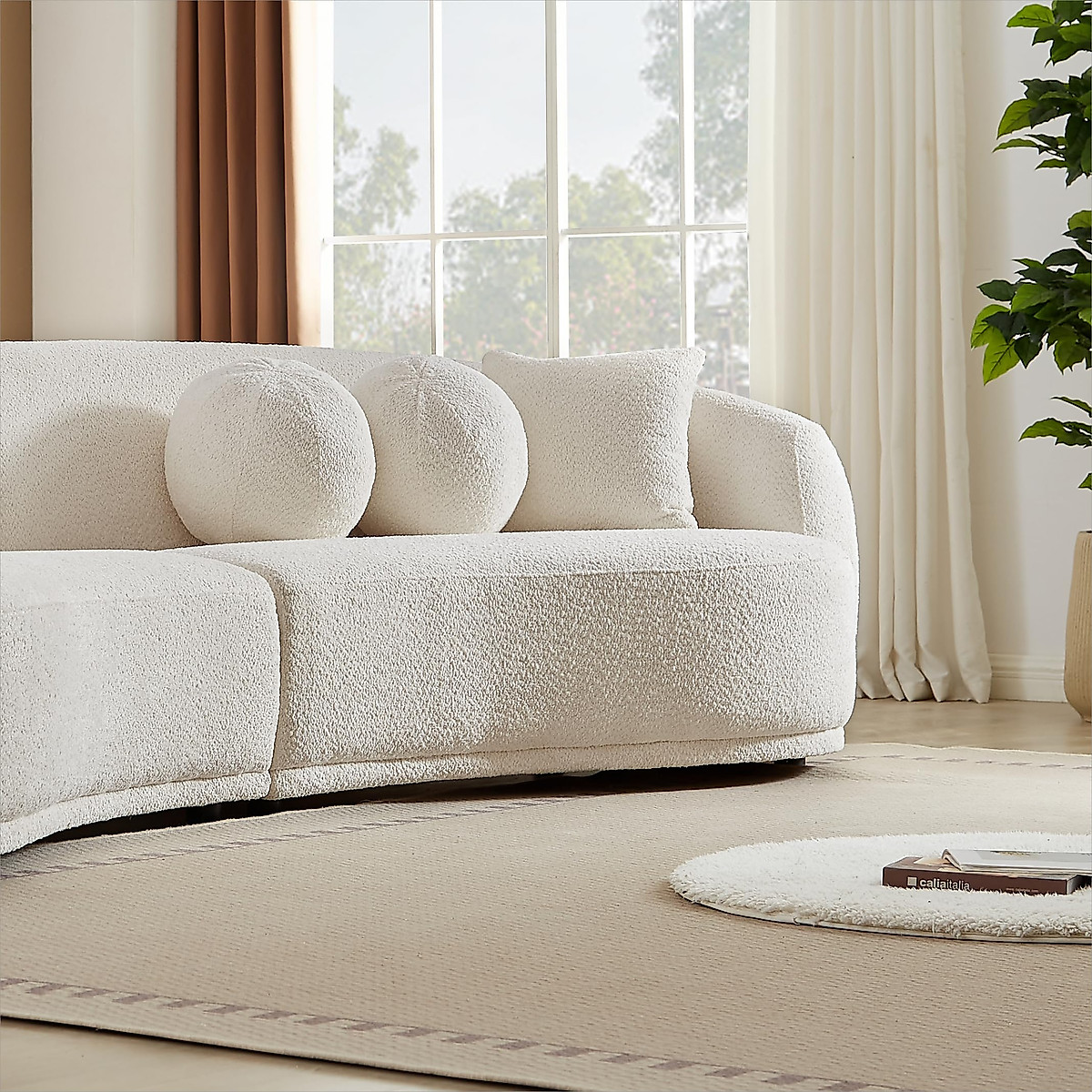 KEVINSPACE 124.5" Oversized Sofa Modular Cloud Sectional Sofa Couch Curved Sofa Comfy Teddy Fabric Deap Seat Sectional Couch with 5 Pillows Modern Luxury Sofá for Living Room Furniture Set Beige