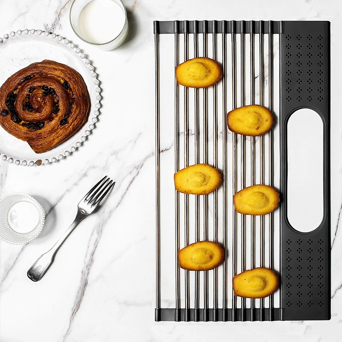 koroda Roll Up Dish Drying Rack Over The Sink: SUS304 Stainless Steel Dish Drainer with Utensil Holder for Kitchen Sink (17.3" × 11", Black)