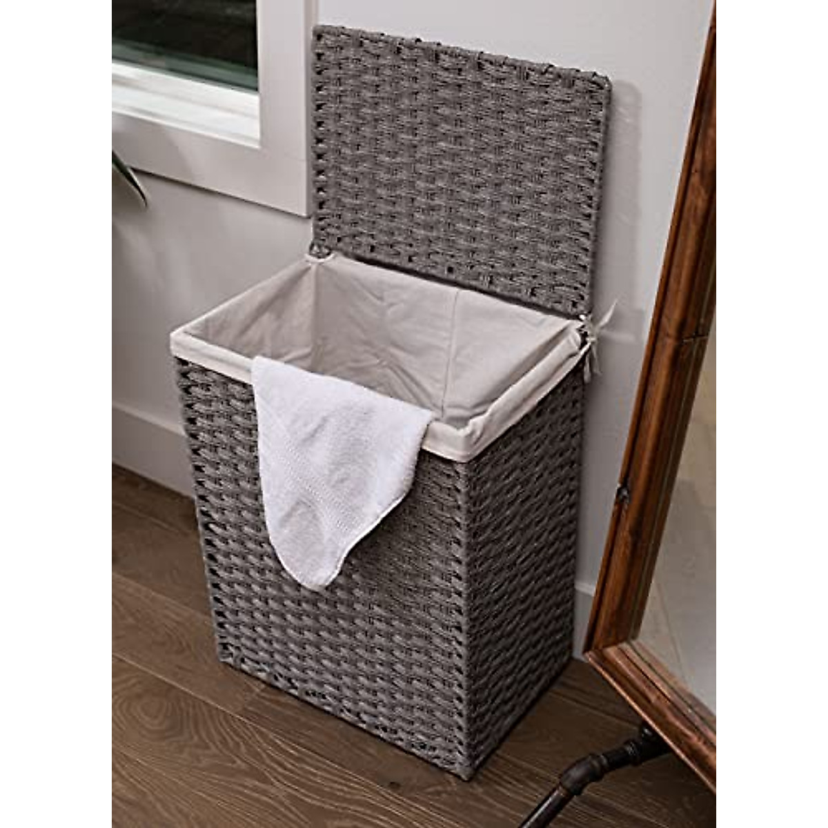 BIRDROCK HOME Single Laundry Hamper with Lid - Grey - Liner Bag - Hand Woven - Small Collapsible Hampers - Foldable Bin - Synthetic PE Rattan - Hand Woven - Clothes Basket