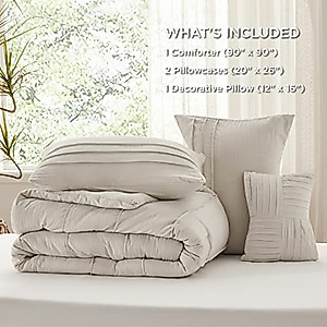 Bedsure Beige Queen Comforter Set - 4 Pieces Pinch Pleat Bed Set, Down Alternative Bedding Sets for All Season, Includes 1 Comforter, 2 Pillowcases, and 1 Decorative Pillow