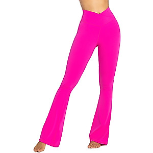 Sunzel Flare Leggings, Crossover Yoga Pants for Women with Tummy Control, High-Waisted and Wide Leg Hot Pink