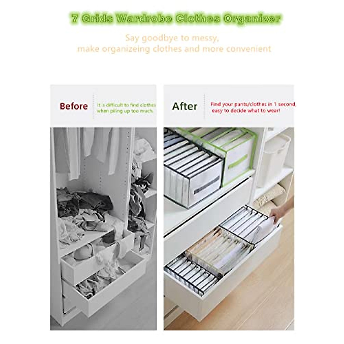 Upgraded 7 Grids Wardrobe Clothes Organizer for Drawer, Clothes Organizer for Folded Clothes, Jean Storage Organizers for Closet T-shirt Pants Legging (Green, 2Pcs)