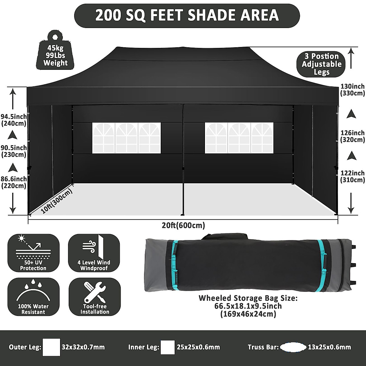 COBIZI 10x20 Pop Up Canopy with 6 Sidewall,Heavy Duty Canopy UPF 50+ All Season Wind Waterproof Commercial Outdoor Wedding Party Tents for Parties Canopy Gazebo with Roller Bag(10 x 20 ft Black)