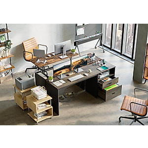 Bestier 60 inch Home Office Desk with Power Outlets, Computer Desk with Drawers, Reversible Desk with File Drawer, Adjustable Height Desk with Storage for Home Office, Brown