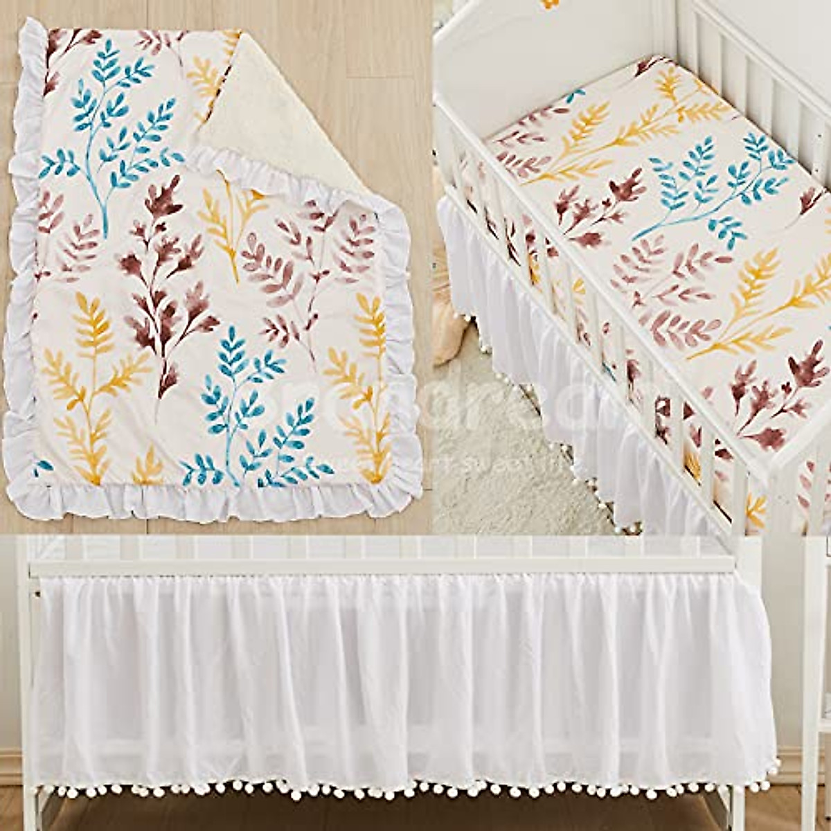 Brandream Farmhouse Crib Bedding Set Neutral Leaves Watercolor Botanical Floral Nursery Bedding Chic Baby Blanket 3 Piece with Pom-pom Bed Skirt, White Yellow Green