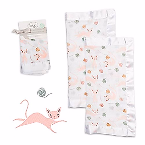 lulujo Baby Security Lovey Blankets| Unisex Softest Breathable Cotton Muslin Security Blanket with Silky Satin Trim| Neutral Comforting Blanket for Girls & Boys | 16in by 16 in| Kitty