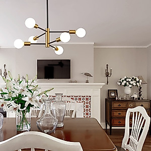 KAISITE Modern Sputnik Chandelier - 6 Light Chandelier Light Fixture Height Adjustable Mid Century Ceiling Chandelier Plating Finished Black and Gold Chandelier for Kitchen Bedroom and Foyer