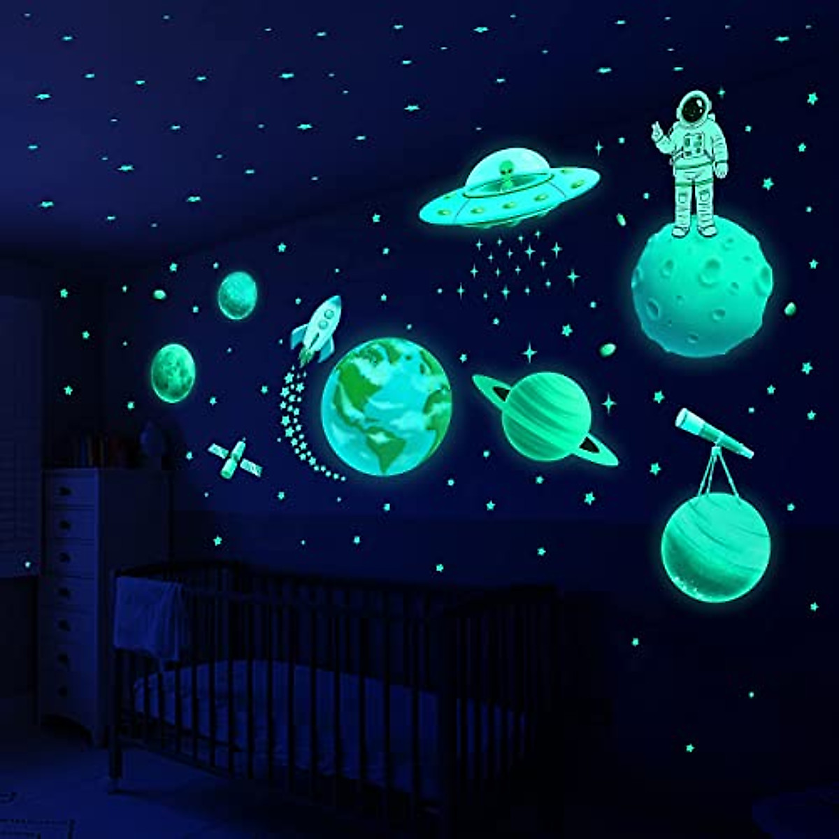 Glow in The Dark Stars for Ceiling, Solar System Wall Stickers for Kids, Planet Wall Decals, Glowing Stars, Space Decor for Boys Room, Galaxy Astronaut Rocket Spacecraft Alien Decoration
