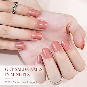 Press on Nails Short Nude, Jofay Fashion Square False Nails with Glue, Reusable & Natural Solid Color Acrylic Fake Nails Stick on Nails for Women Girls Gift, Gel Nail Kit Salon-Quality, Sweet Peach, 24pcs