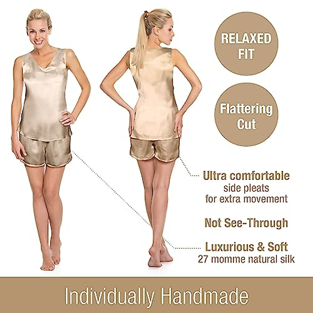 Luxury Artisan Silk Pajamas For Women Tank Set, Pure Mulberry Silk 27 Momme PJs Champagne