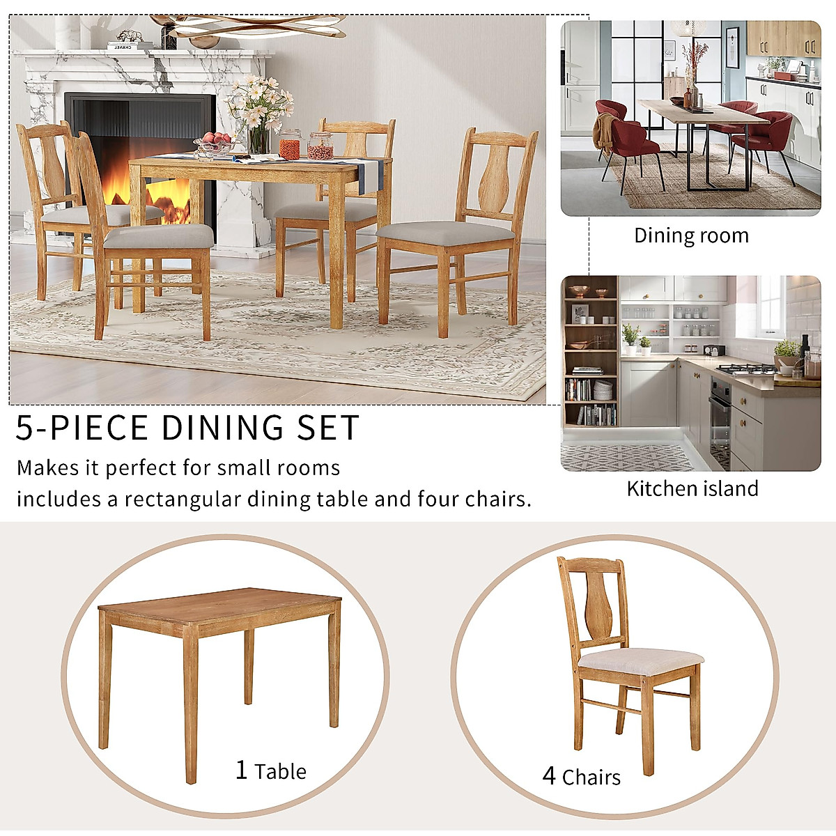 EMKK 5-Piece Set, Wooden Rectangular Kitchen Dinner Breakfast Table and 4 Chairs for 2-4 Person, Dining Room Furniture, Space-Saving Design, Natural