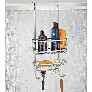 mDesign Metal Wire Over Door Bathroom Tub & Shower Bath Caddy, Hanging Storage Organizer Center - Holds Shampoo, Conditioner, Body Wash, Razor, Towel - 2 Baskets, 6 Hooks - Hyde Collection - Silver