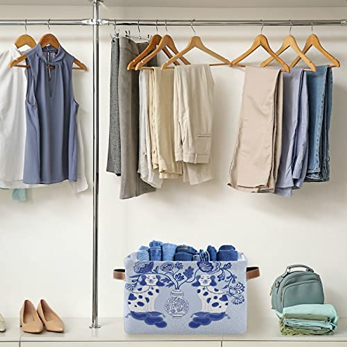 JUAMA Staffordshire Dogs in Chinoiserie Style Blue and White Porcelain Large Foldable Open Storage Bins With Handles Rectangular Baskets Cube for Closet Office Nursery Toys Bedroom Home Organizer 2 Pa