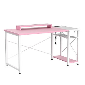 armocity Computer Desk with LED, Gaming Desk with Outlets, 40 Reversible Laptop Table with Monitor Stand, Small Desk for Small Spaces, Pink