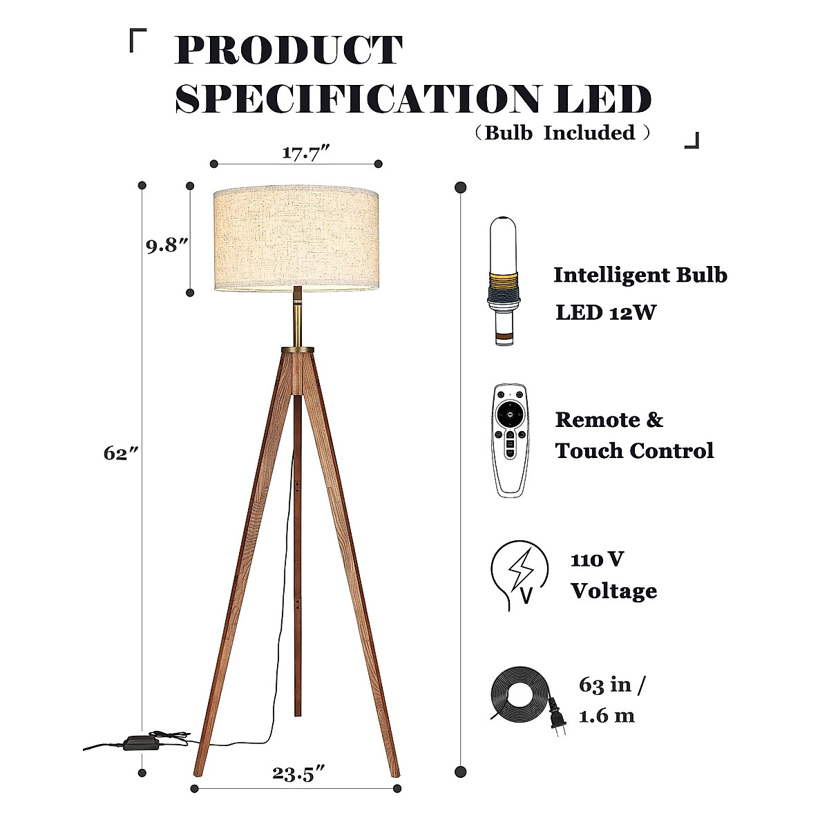 ELYONA Tripod Floor Lamp with Remote for Bedroom, Solid Ash Wood, Stepless Dimmer & Color Temperature LED Bulb Included, Mid Century Modern Touch Control Standing Light for Living Room, Brown