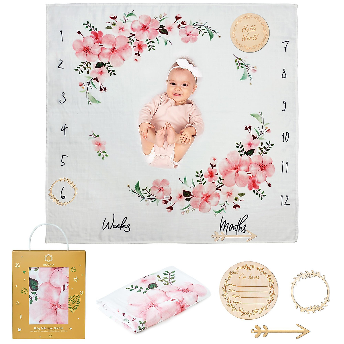 Baby Milestone Blanket | Cotton Muslin Swaddle Blanket | Monthly Photo Mat for Newborn Girl | Cherry Blossom Flowers| Personalised Baby Shower Present for New Mums | Age Mat | Includes Wooden Frames