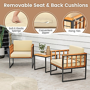 Tangkula 3 Pieces Patio Chair Set, Acacia Wood Outdoor Sofa Set with Metal Support, Soft Seat & Back Cushions Included, Cushioned Bistro Set for Balcony, Porch, Backyard (Beige)