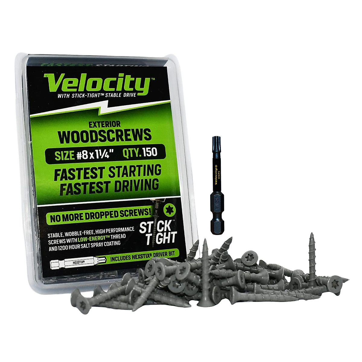 Velocity Exterior 1 1/4 Wood Screws DIY Pack (Size #8) Fence Screws for Wood, Stick Tight Technology, Made with Carbon Steel, Includes 1 Hexstix Drive Bit (150 Pieces)