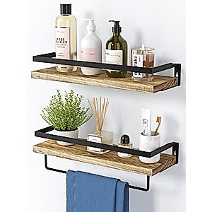 AMADA HOMEFURNISHING Floating Shelves, Bathroom Shelf with Towel Bar, Wall Shelves for Bathroom/Living Room/Kitchen/Bedroom, Light Brown Shelves Set of 2 - AMFS01