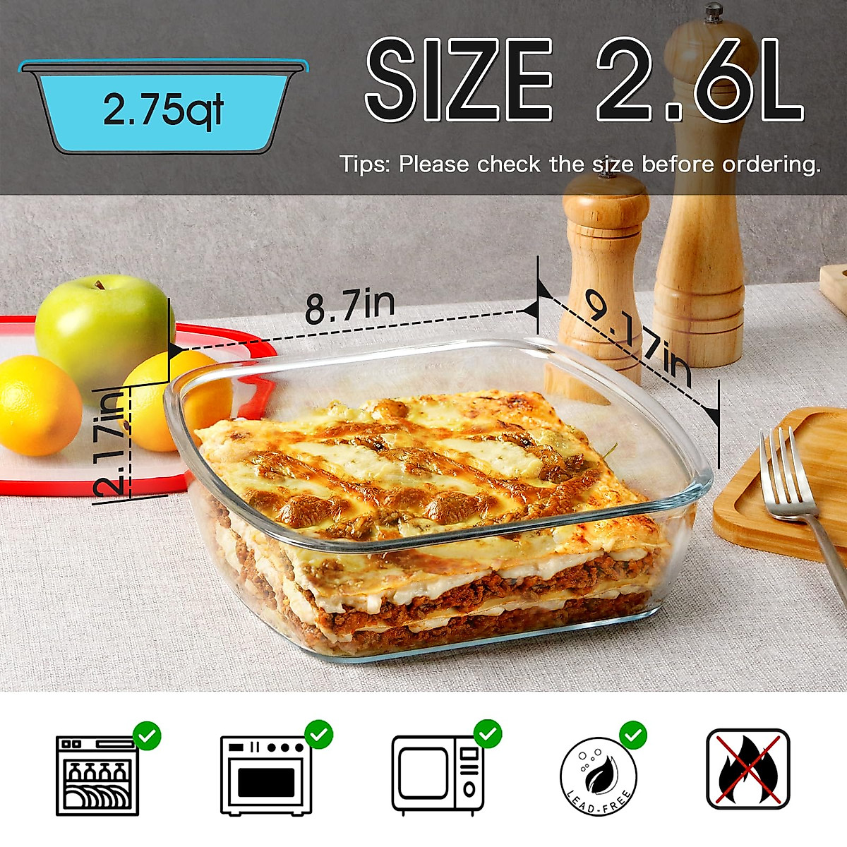 2.7 QT Square Glass Baking Dish with Red Visible Lid, 9x9 Baking Dish with Lid, LARGE and DEEP Baking Dish for Oven