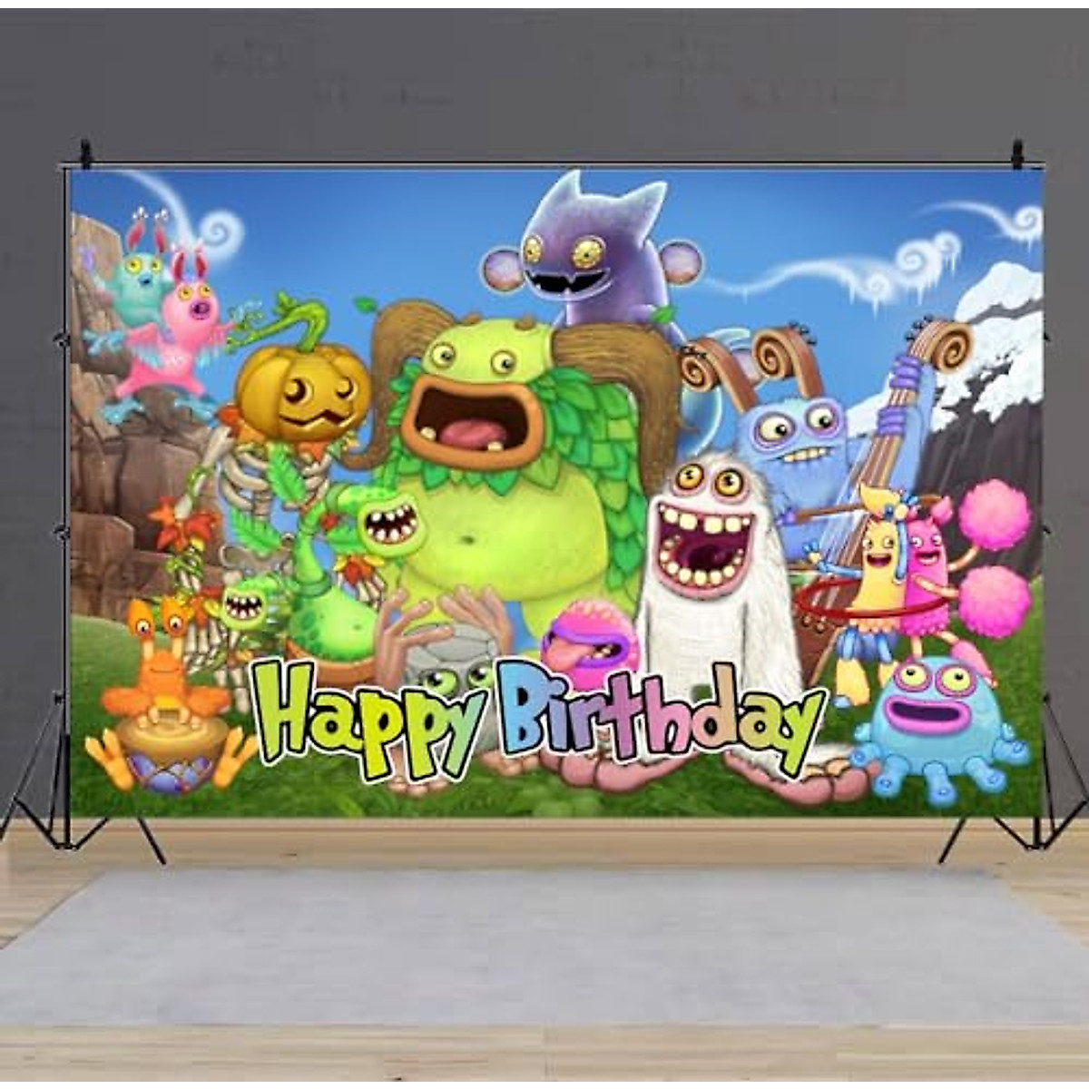 Singing Monsters Birthday Decorations, Singing Monsters Happy Birthday Banner Backdrop for Singing Monsters Birthday Party Supplies (5x3ft)