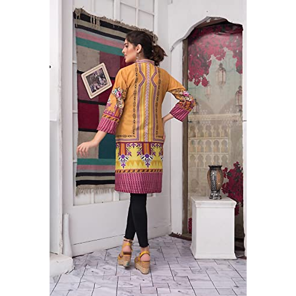 IshDeena Pakistani Kurtis for women Indian Style Cotton Tunics Womens Tops Printed Lawn (2X-Large, Musturd Yellow)