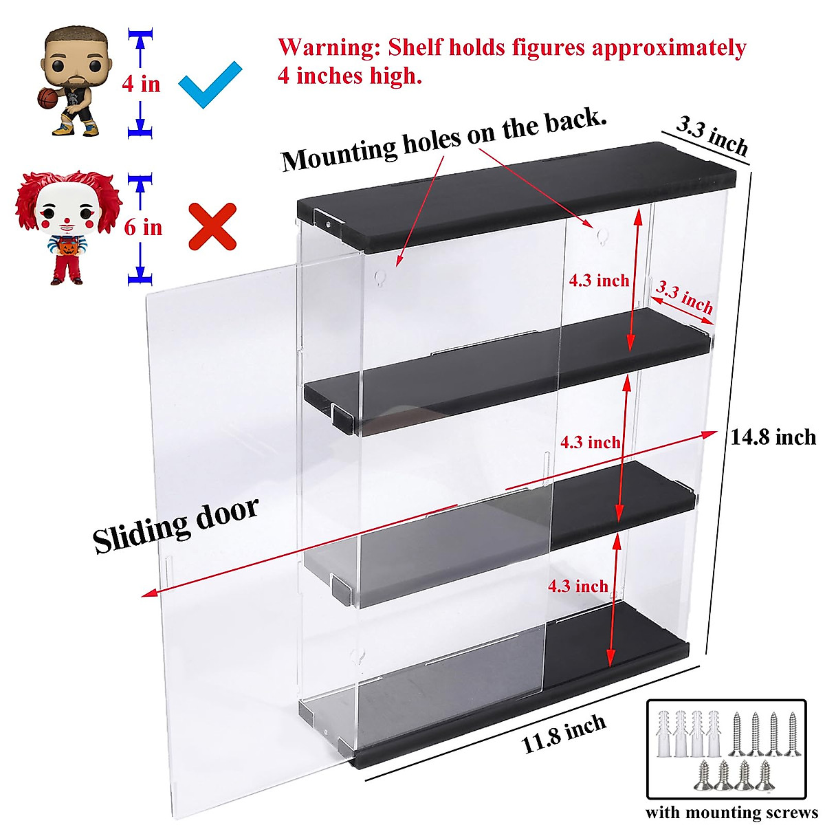 DuvinDD Acrylic Display Case Wall Mounted Funko POP Shelves, Clear Collectibles Showcase Display Cabinet with Sliding Door for Lego Figure Dustproof Storage Box Black(11.8x3.3x14.8inch)