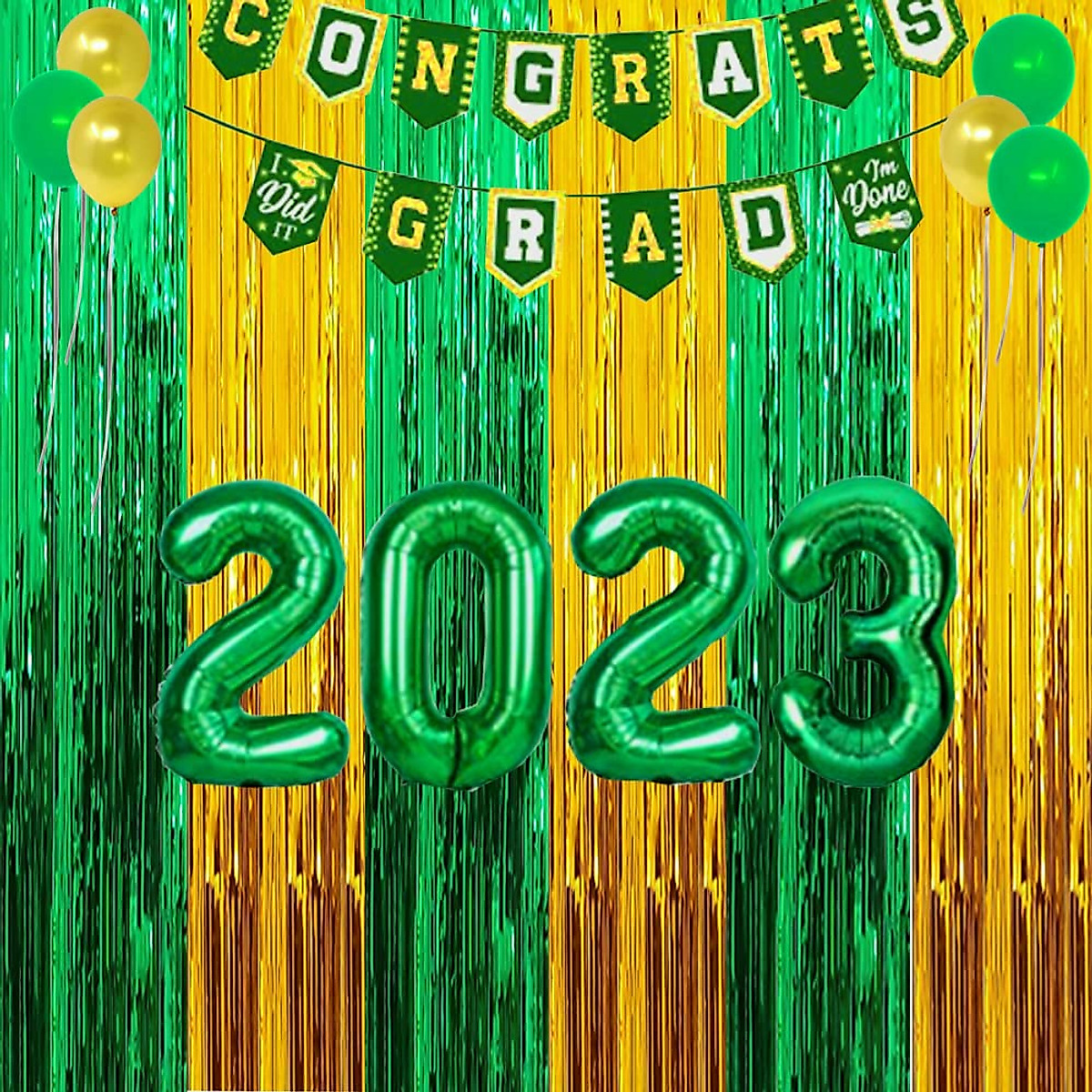2025 Graduation Green Gold Party Decoration Foil Fringe Curtains, Green Gold Photo Booth Prop Streamer Backdrop for St. Patrick's Day Birthday Beach Party Decoration (3 Pack)