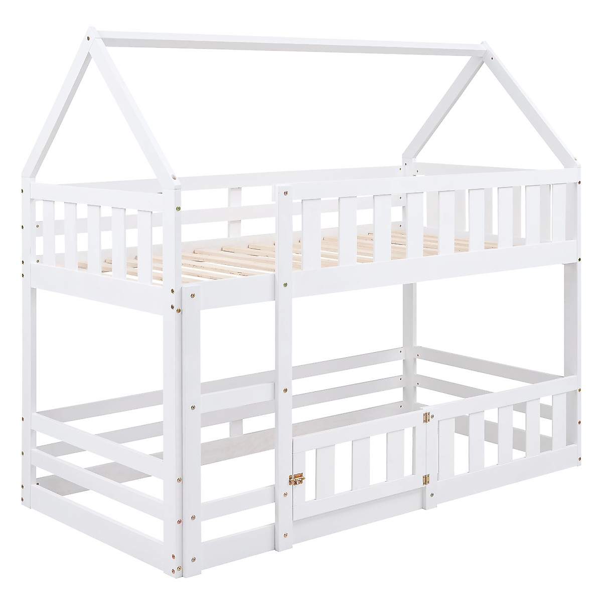 LZ LEISURE ZONE Twin Over Twin Bunk Bed, Wood Twin Size House Bed with Fence and Door, No Box Spring Needed, White