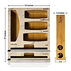 Premium Bamboo Ziplock Storage organizer, Wall Mounting Ziplock Bag Organizer, Foil and plastic wrap organizer, 6 in 1 Drawer Organizer, Marble Kitchen Organizer