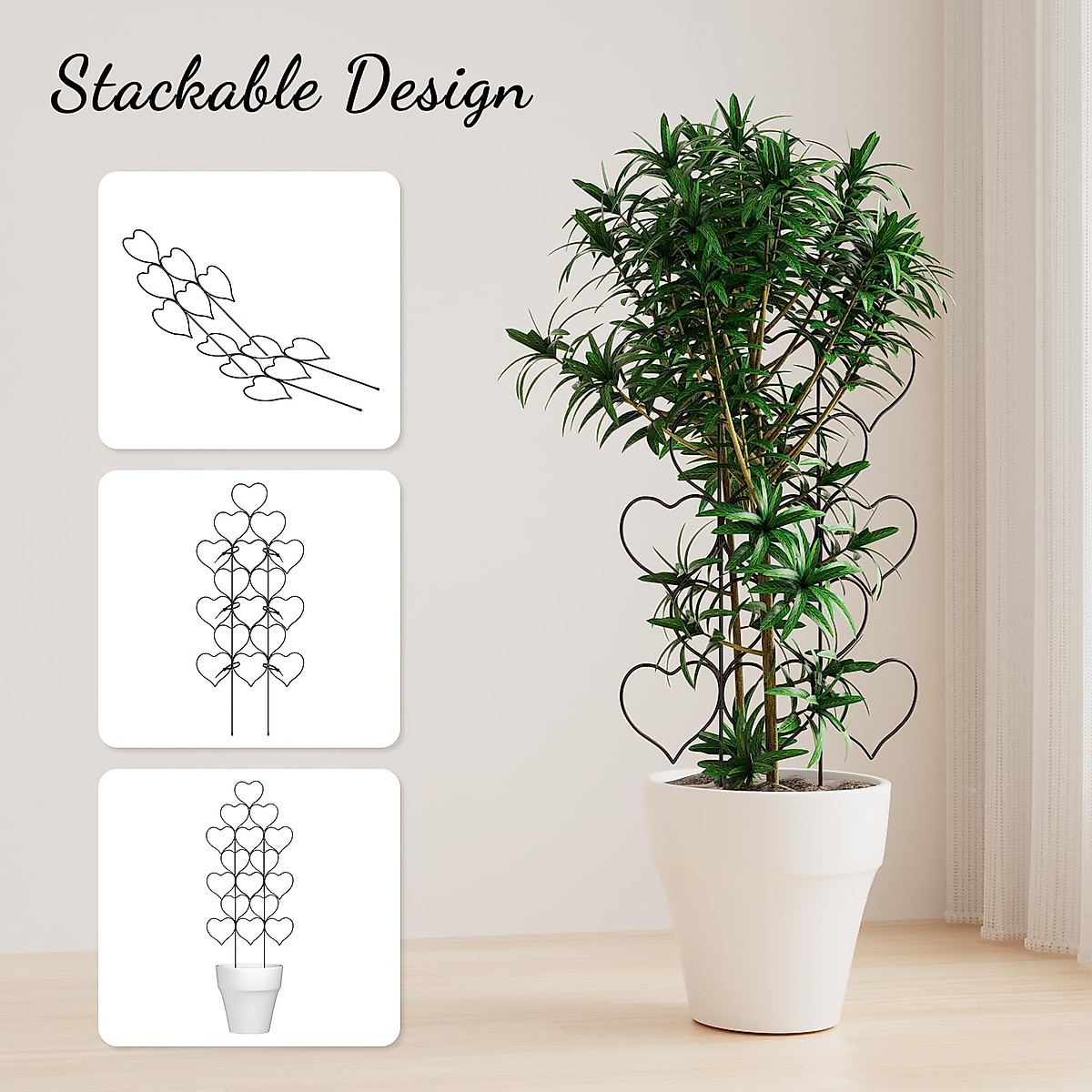 Ailibre Indoor Plant Trellis for Climbing Plants, Stackable Garden Trellis for Potted Plants, Small House Plant Trellis for Vine Ivy Flower Plant Support Outdoor DIY Metal Trellis 3 Pack, Black