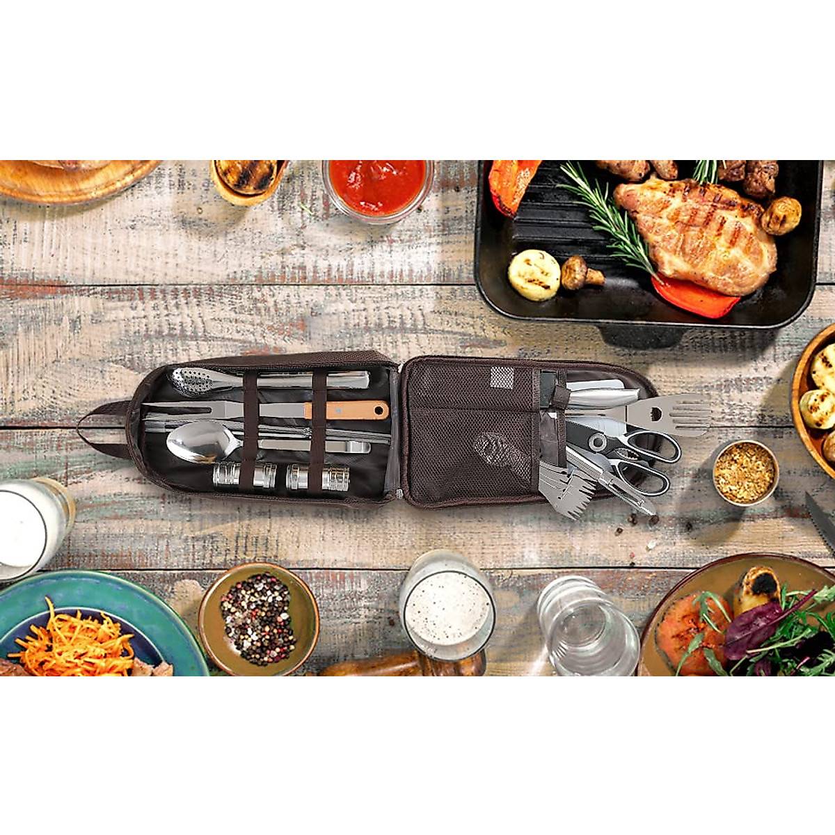 Portable Camping Kitchen Utensil Set, BBQ-21 PCS with Carrying Bag, Stainless Steel Outdoor Cooking and Grilling Utensil, Perfect for Travel, Picnics, RV, Camping