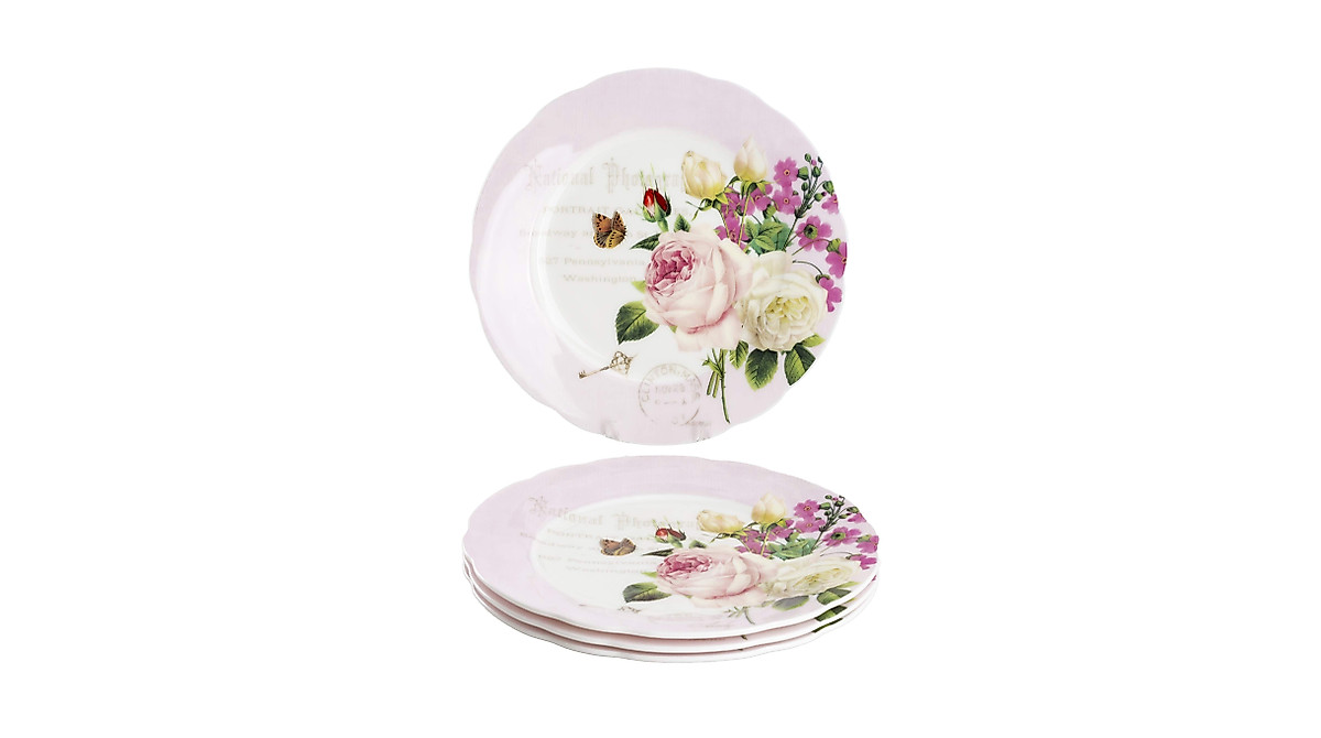Gracie Bone China Pink Rose Butterfly Plates - Set of 4