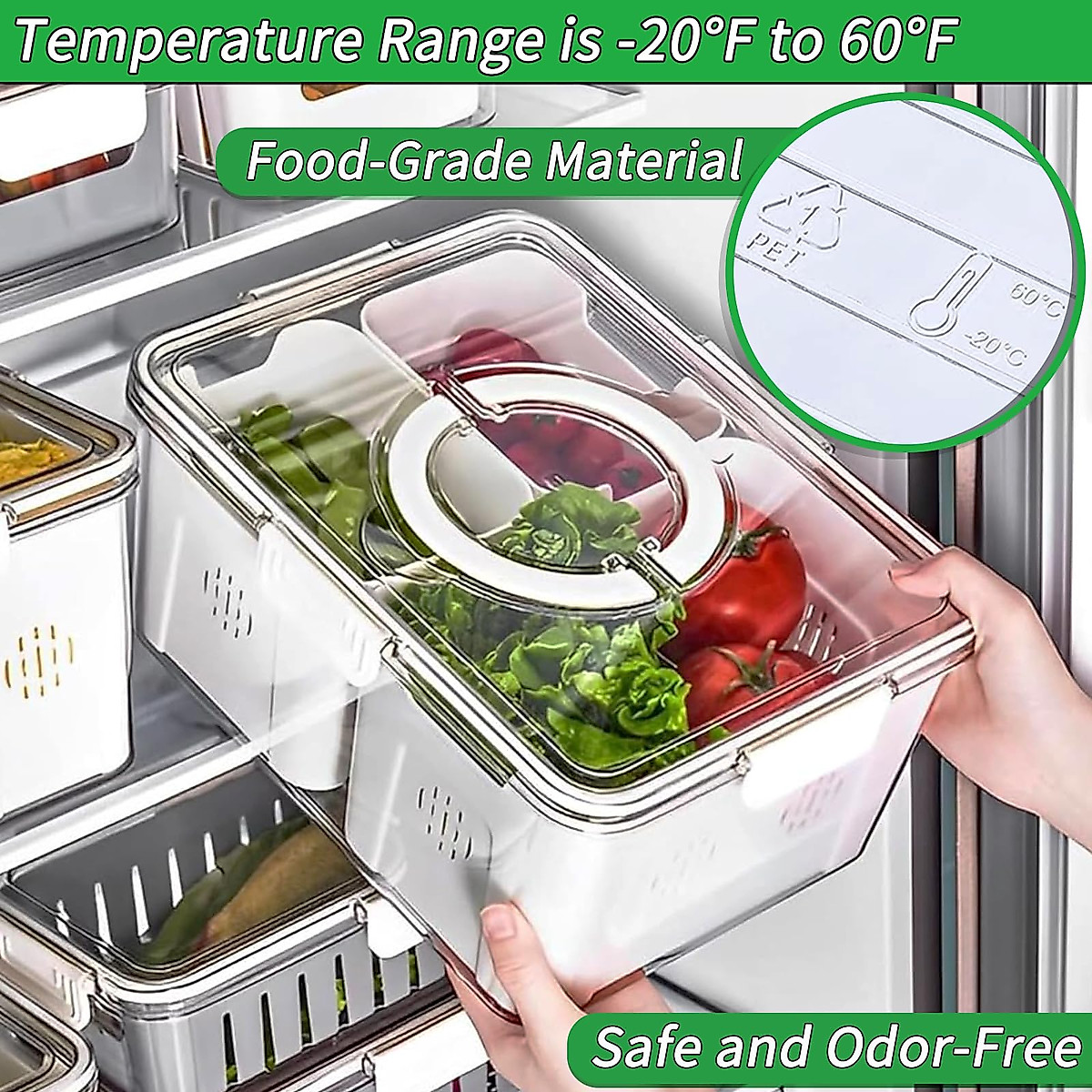 Tyyfnn Fruit Storage Containers with Lids and Handle, Portable Food Storage Container with 4 Removable Colanders for Berry Vegetable Fruit Fresh Produce, Refrigerator Organizer Bins